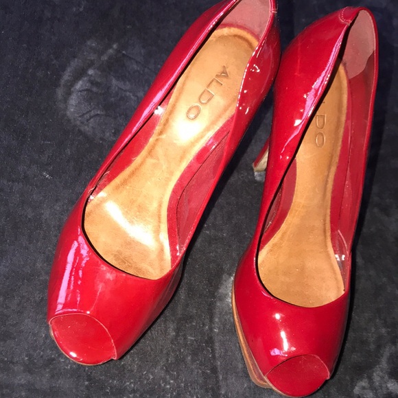 Aldo | Shoes | Aldo Patent Leather Red Peep Toe Heels | Poshmark